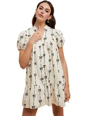 KNIT & LOUNGE Bow Print Mini Dress - Cream/black Print