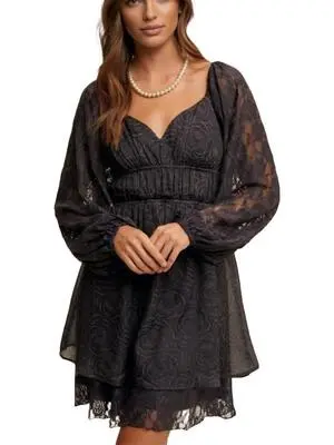 KNIT & LOUNGE Lace Long Sleeve Ruffle Layer Mini Dress - Black