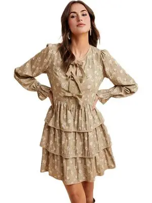 KNIT & LOUNGE Floral Tiered Mini Dress With Bow - Taupe Floral