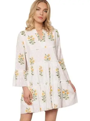 KNIT & LOUNGE Floral Embroidered Tiered Mini Dress - White/yellow Floral