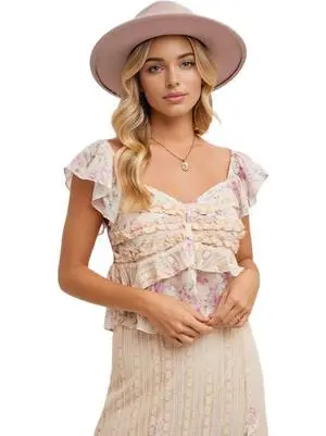 KNIT & LOUNGE Floral Ruffle Cap-sleeve Sweetheart Top - Soft Pink Beige Blush Floral