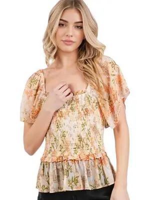 KNIT & LOUNGE Floral Print Smocked Peplum Top - Peach Floral