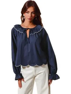 KNIT & LOUNGE Scallop Trim Blouse With Ruffled Collar And Tie Neck - Navy Blue/white