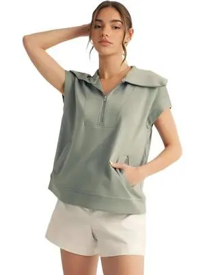 KNIT & LOUNGE Zip Front Sleeveless Top - Sage Green