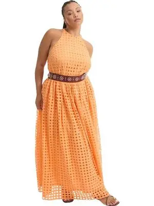 JUNE + VIE Halter Eyelet Maxi Dress - Tangerine