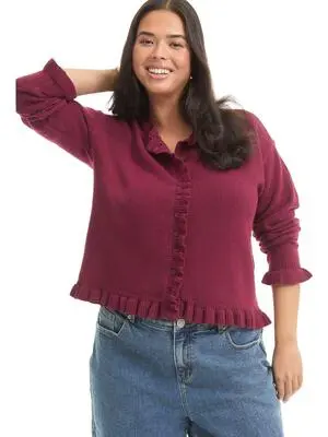 JUNE + VIE Ruffle Hem Buttoned Sweater Zinfandel