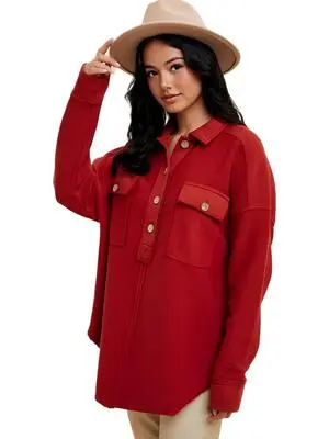 KNIT & LOUNGE Relaxed Button-up Utility Tunic With Pockets - Crimson