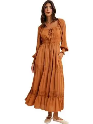 KNIT & LOUNGE Tiered Smocked Waist Maxi Dress - Orange