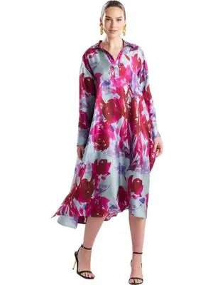 Natori Silk Twill Oversized Shirt Dress - Fuchsia