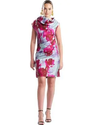 Natori Mira Silk Twill Asymmetric Dress - Fuchsia