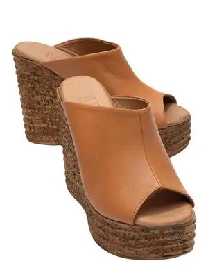 FOREVER & ALWAYS SHOES Leather Platform Wedge Sandals - Cognac Leather