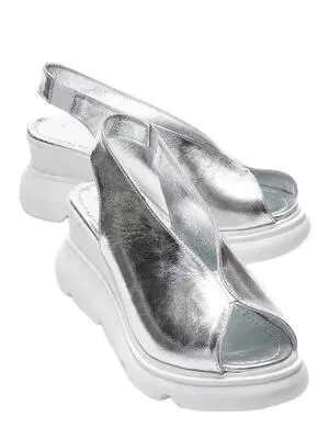 FOREVER & ALWAYS SHOES Leather Platform Wedge Sandals Silver