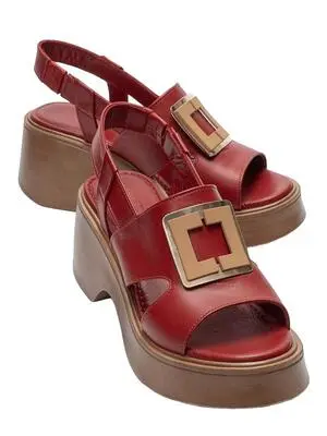 FOREVER & ALWAYS SHOES Leather Buckle Platform Sandal - Red