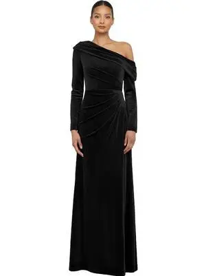 Theia One-shoulder Fit-and-flare Velvet Gown - Black