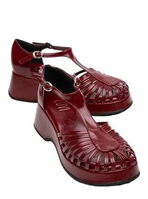 PROLOGUE SHOES Aniel Platform Wedge Sandal - Burgundy Faux Leather