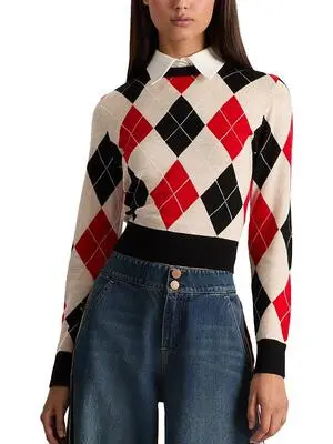 Alice + Olivia Carolann Collared Cropped Argyle Sweater - Oatmeal/black/ruby