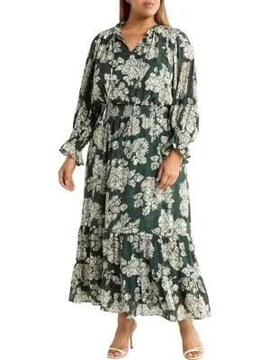 Vince Camuto Smocked Waist Long Sleeve Maxi Dress - Forest Night