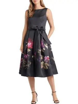 Eliza J Mikado Floral Flare Gown - Black Multi