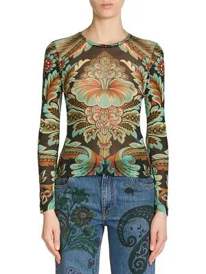 Etro Printed Long Sleeve Jersey Top - Print On Black Base