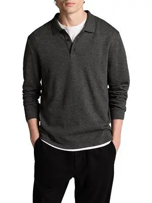 Vince Heathered Double Face Long Sleeve Polo Shirt - Medium Grey/night Leaf