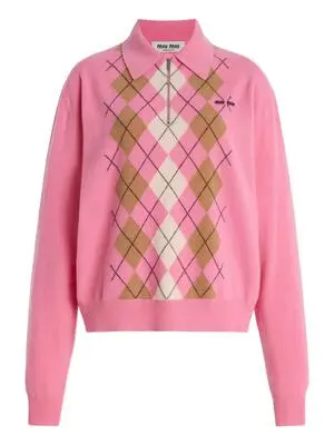 Miu Miu Argyle Cashmere Polo Sweater - Pink