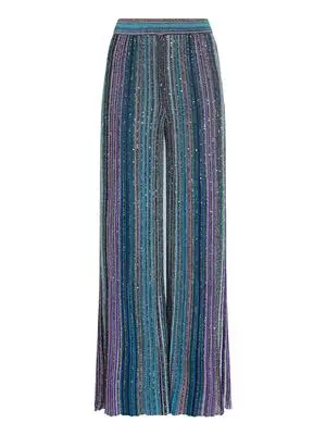 Missoni Embellished Striped Ribbed-knit Wide-leg Pants - Violet