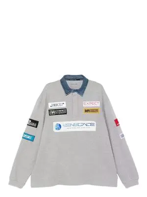 Martine Rose Denim-collar Logo-patch Polo Shirt - Grey
