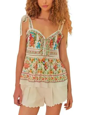 Farm Rio Floral Lace-trimmed Top - White