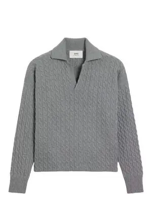 AMI Paris Cable-knit Wool Polo Shirt - Grey
