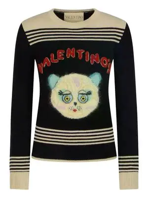 Valentino Garavani Cat-embroidered Striped Sweater - Black