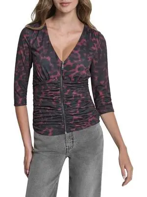 Dkny Ruched Knit Zip-up Top - Merlot Cheetah
