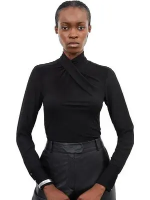 Karen Millen Jersey And Georgette Mix High Neck Top With Twist Detail - Black