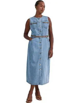 Karen Millen Sleeveless Midi Denim Shirt Dress - Light Blue