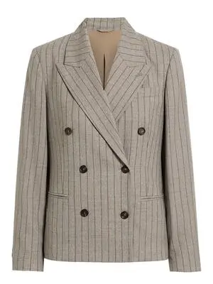 Brunello Cucinelli Double-Breasted Pinstriped Wool Blazer Stone
