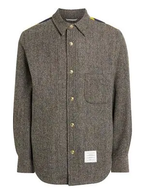 Thom Browne Striped Silk And Cottonblend Twillpaneled Herringbone Wool Overshirt - Anthracite
