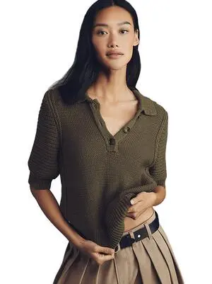 Michael Stars Marley Puff-sleeve Polo Sweater - Green