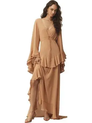 DE LA VALI Calypso Long-sleeve Ruffled Georgette Maxi Dress - Mocha