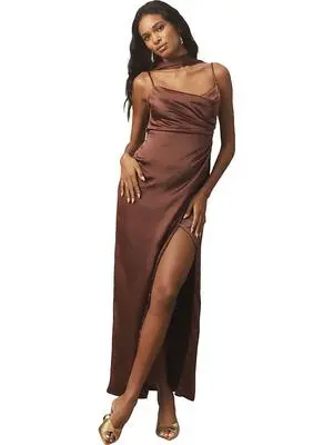 Bhldn Delaney Scoop-neck High-shine Satin Maxi Dress With Scarf - Chocolate