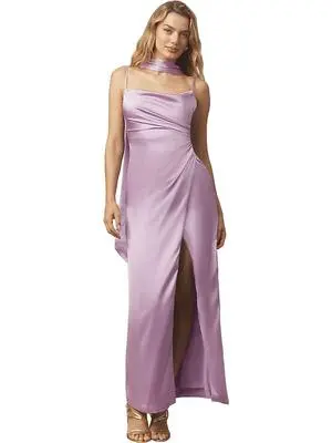 Bhldn Delaney Scoop-neck High-shine Satin Maxi Dress With Scarf - Light Lilac