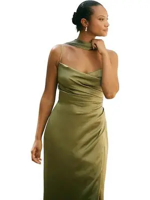 Bhldn Delaney Scoop-neck High-shine Satin Maxi Dress With Scarf - Olive Green
