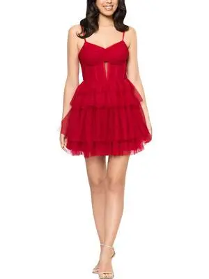 BLONDIE NITES Corset Mesh Ruffle Mini Dress - Red