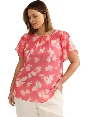 LIVE UNLIMITED Floral Print Ruffle Overlay Blouse - Coral