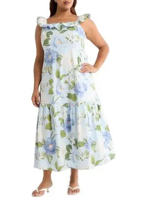 SUGARLIPS Floral Maxi Dress With Convertible Neckline - Light Blue/multi