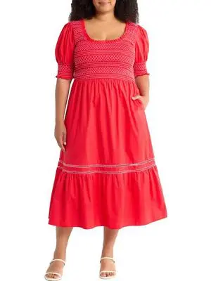 SUGARLIPS Carlene Smocked Midi Dress - Red