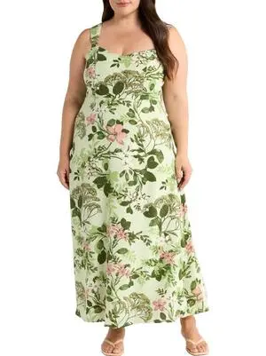 SUGARLIPS Floral Smocked Midi Sundress - Green/pink