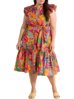 SUGARLIPS Milana Floral Dynamite Cotton Midi Dress - Orange/pink/multi