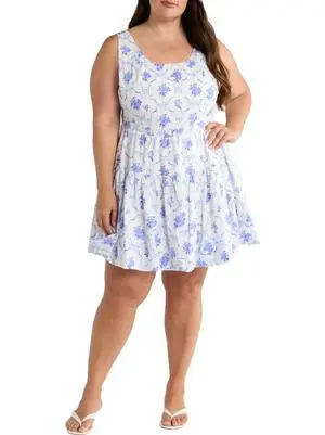 SUGARLIPS Floral Print Bubble Hem Dress - White/blue