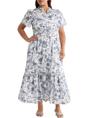 SUGARLIPS Renzo Toile Cotton Poplin Maxi Dress - White/blue/multi