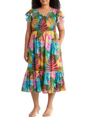 SUGARLIPS Tropical Print Tiered Midi Dress