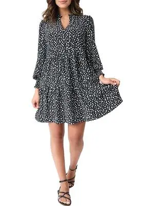 GIBSONLOOK Printed Tiered Long Sleeve Dress - Blk Off Wht Dot